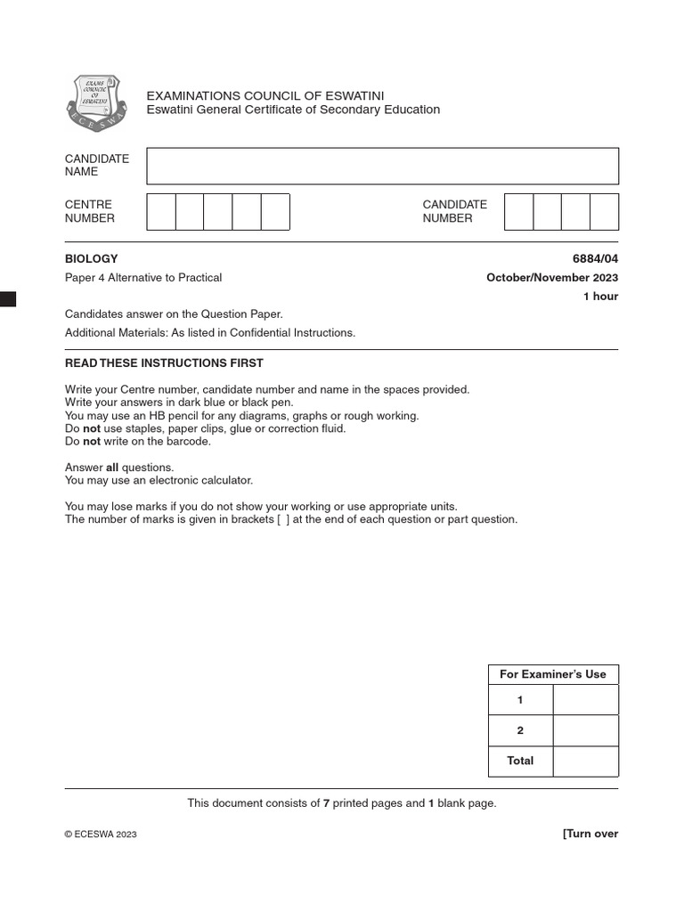 EGCSE Biology 2024 Question Paper 4 | PDF | Leaf | Photosynthesis