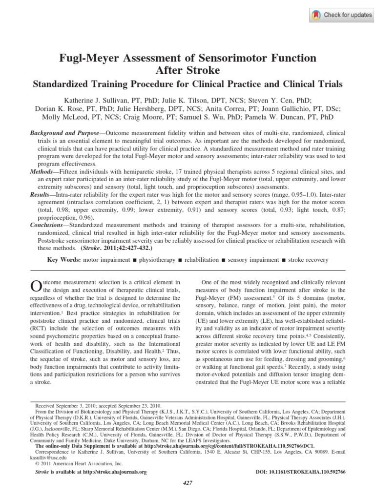 Sullivan Et Al 2010 Fugl Meyer Assessment of Sensorimotor Function After Stroke | PDF
