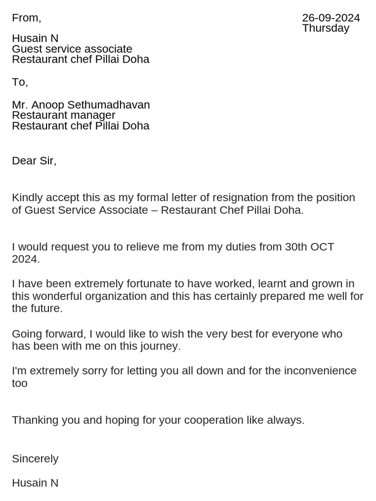 Chef Resignation Letter Sample | PDF | Cooking, Food & Wine