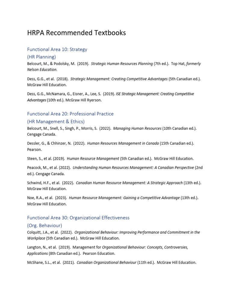 HRPA Recommended Textbooks Overview | PDF | Business | Leadership