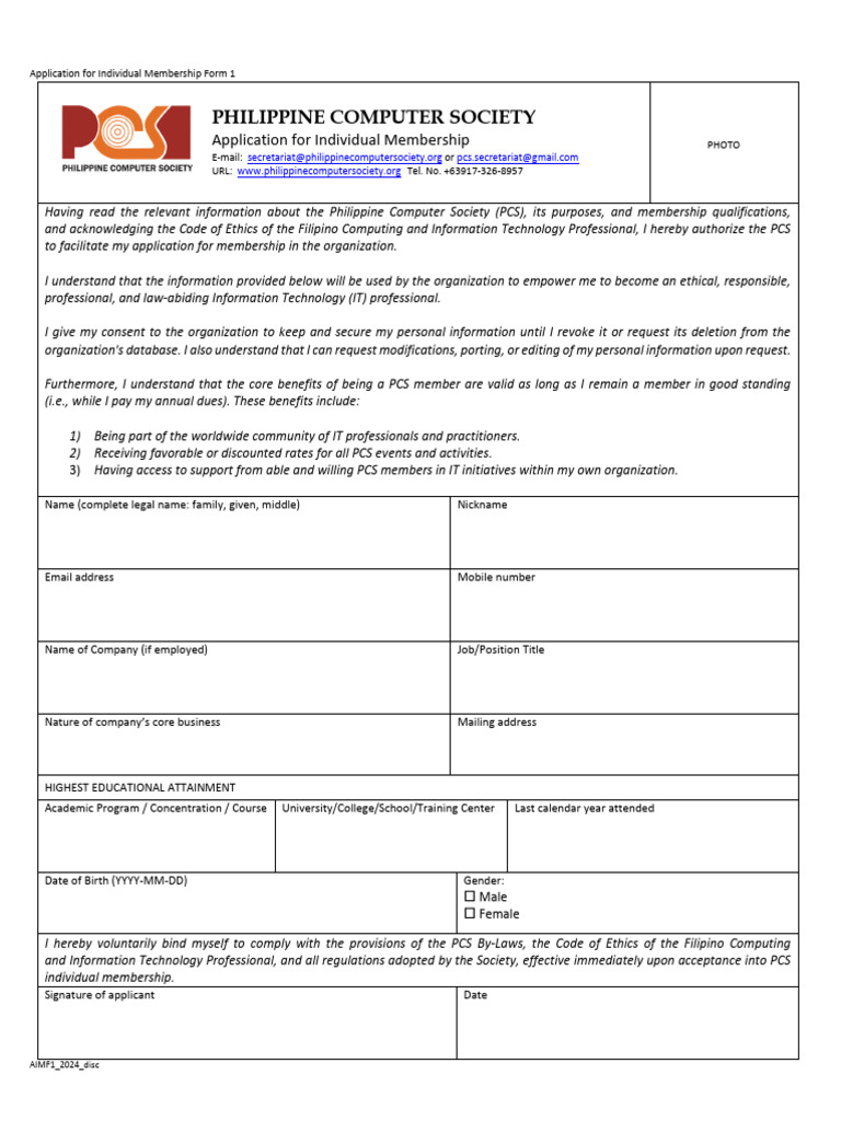 PCS Application For Individual Membership Form Series of 2024 | PDF ...