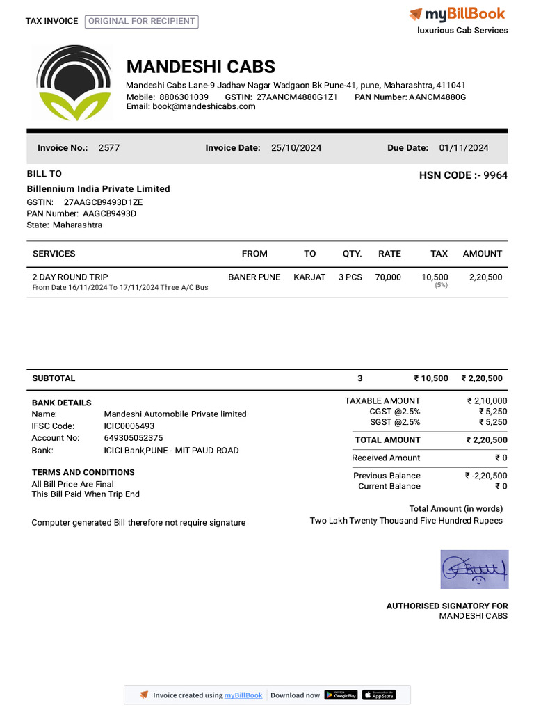 Mandeshi Cabs Invoice for Bus Trip | PDF | Economies | Public Finance