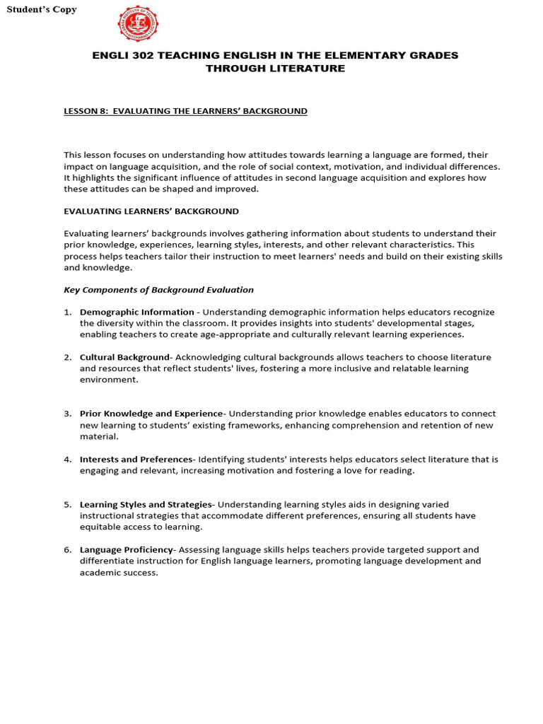 Lesson 8:: Evaluating The Learners' Background | PDF | Second Language ...