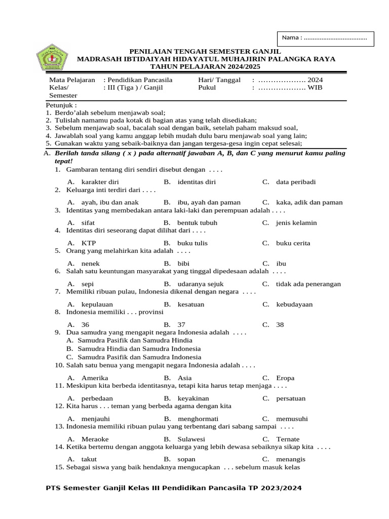 Soal PTS Pancasila Kelas 3 MI | PDF