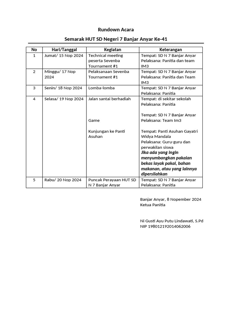 Rundown Acara HUT 41 Sevenba | PDF