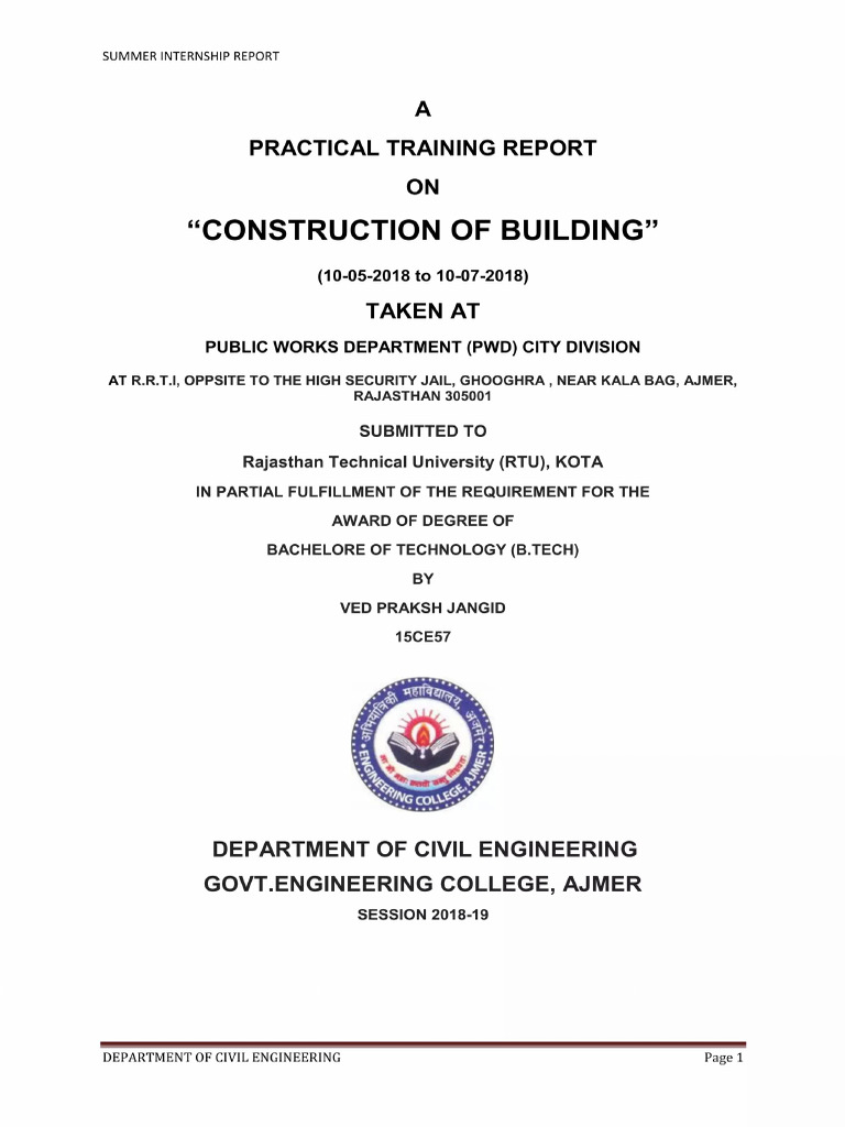 Summer Training Report On Building Construction | PDF
