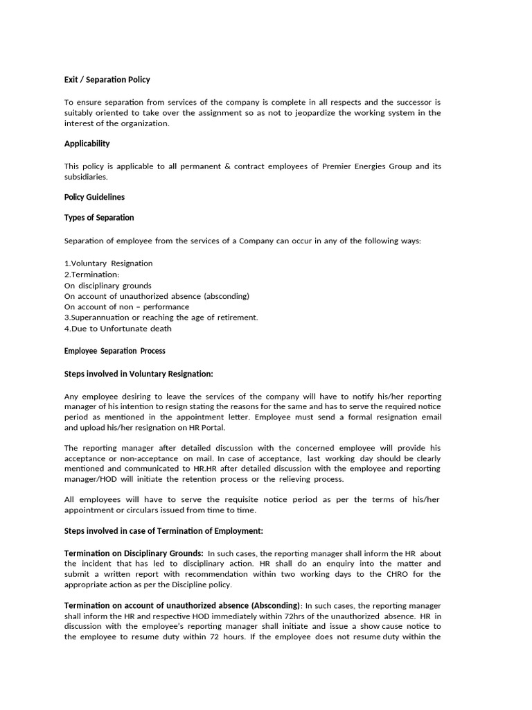 Exit or SeparationPolicy | PDF | Payroll | Employment