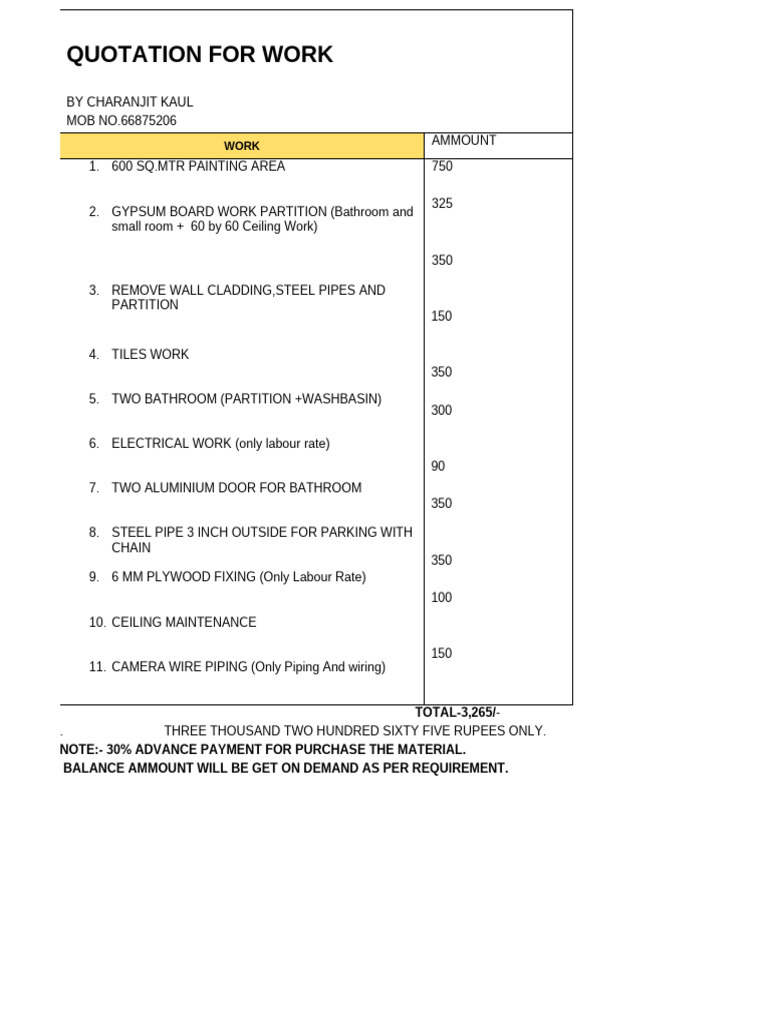 Quotation For Work: TOTAL-3,265/ Balance Ammount Will Be Get On Demand ...