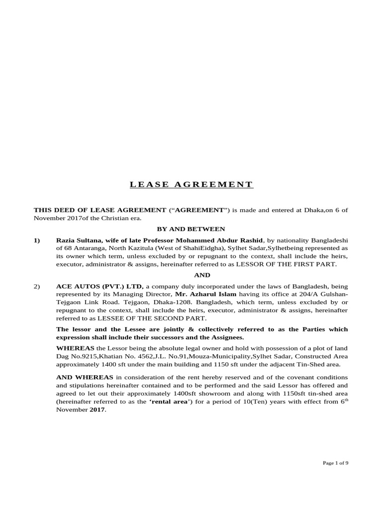 ACE Sylhet Showroom Agreement-Final | PDF | Lease | Arbitration