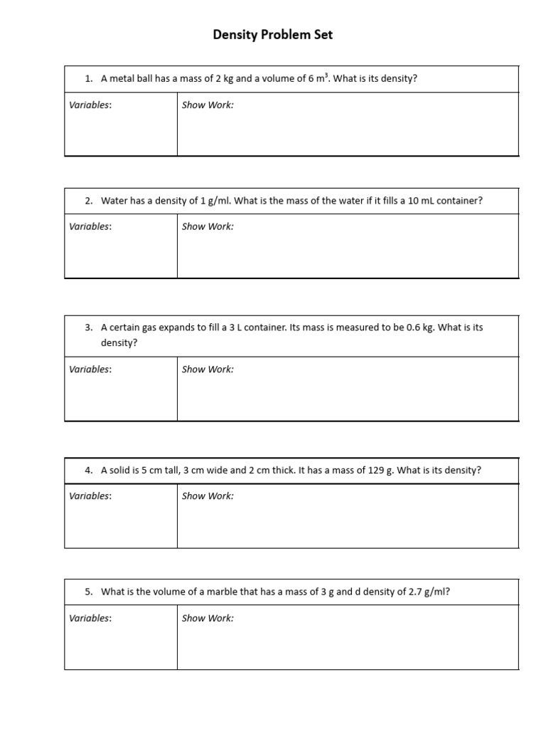Density Problem Set | PDF | Language Arts & Discipline | Science ...