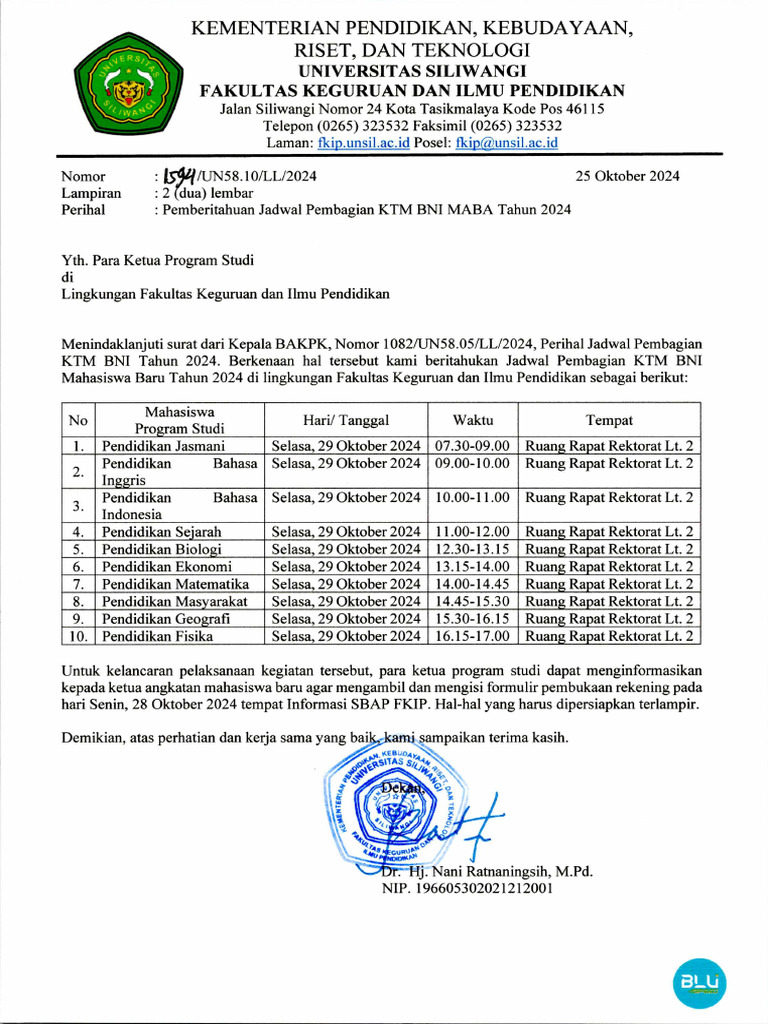 Jadwal Pembagian KTM BNI MABA | PDF