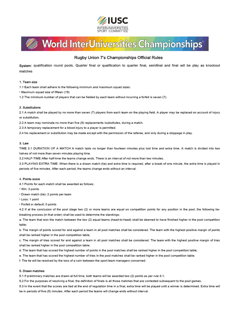 RUGBY UNION 7s General Rules | PDF | Football Codes | Sports