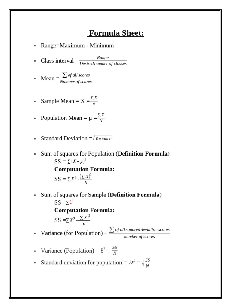 Formula Sheet | PDF | Standard Deviation | Variance
