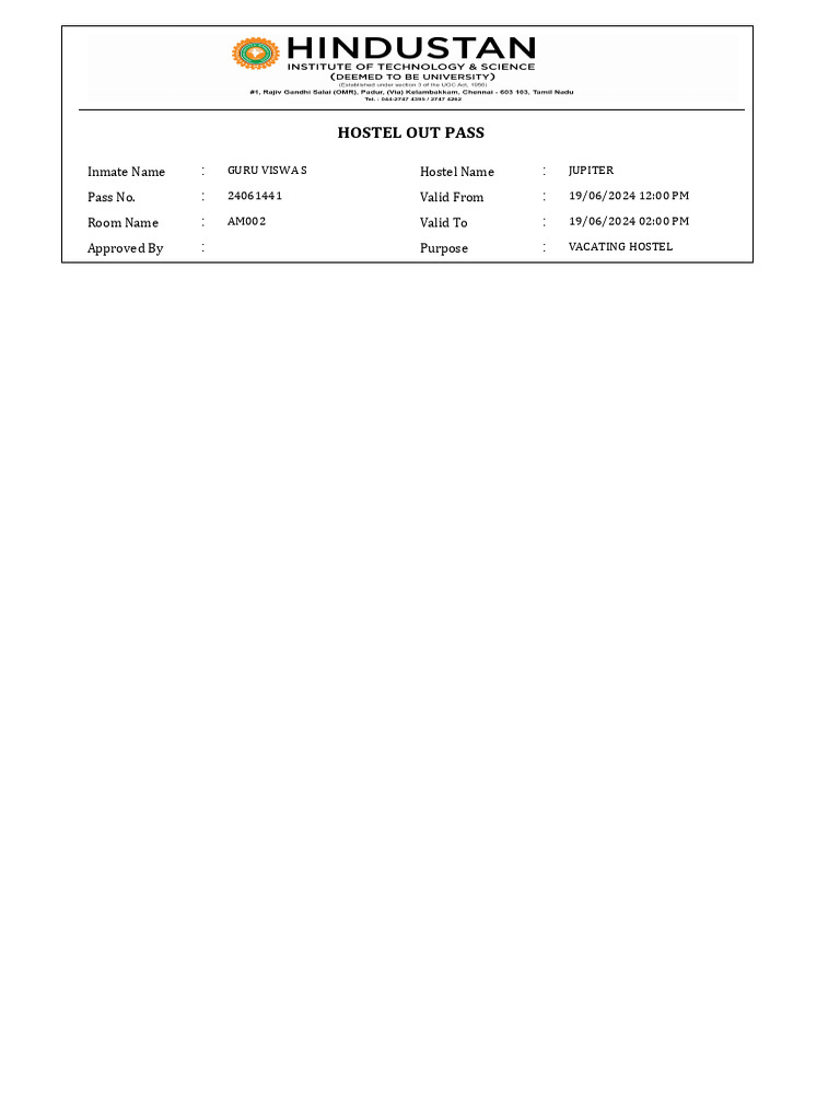 Hostel Gate Pass | PDF