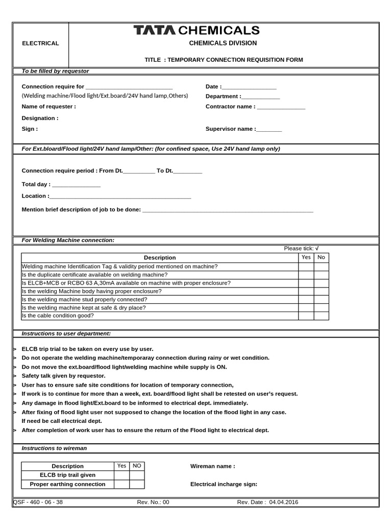 Temporary Electrical Connection Form | PDF | Occupational Safety And Health