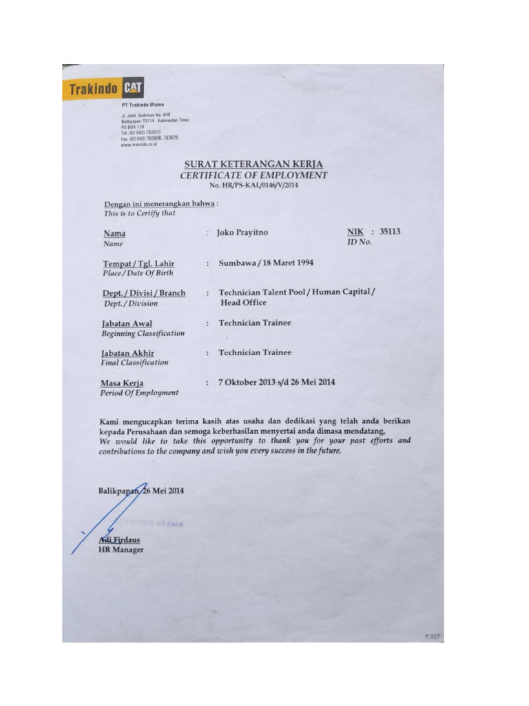 Sertifikat Trakindo Joko | PDF