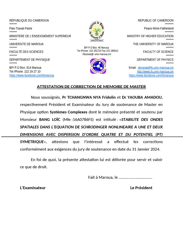 Bang Loic Attestation Correction Memoire DPT | PDF | Physique