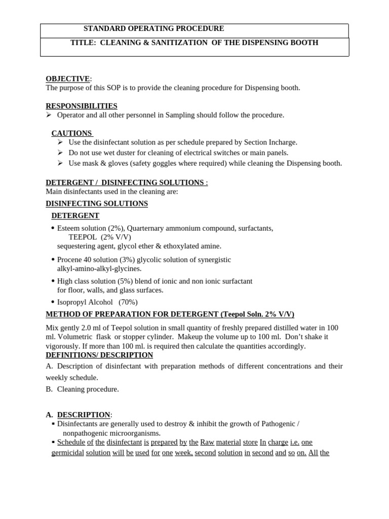 CLEANING SOP Dispensing Booth | PDF | Disinfectant | Volume