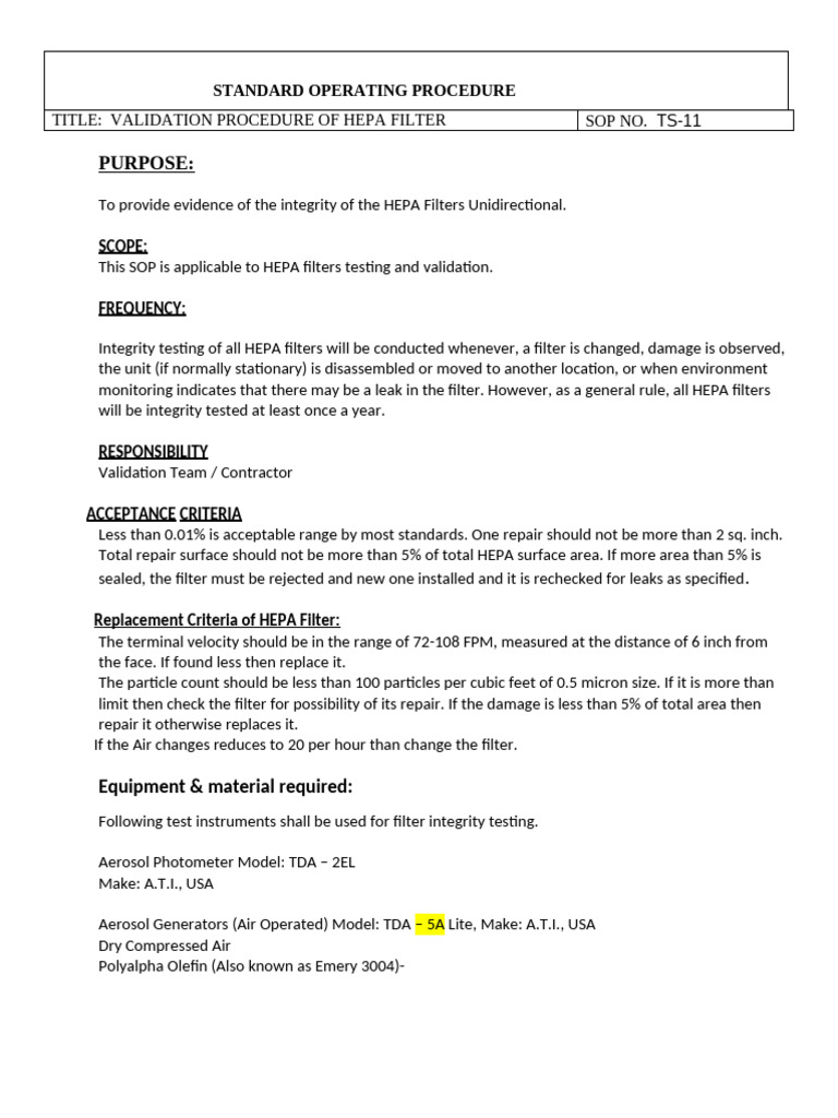Test Method HEPA Filter Testing | PDF | Pressure Measurement | Aerosol
