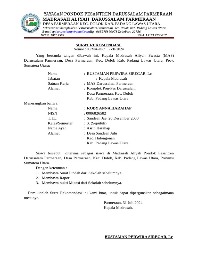 Surat - Rekomendasi - Pindah - Padhilah Harahap | PDF