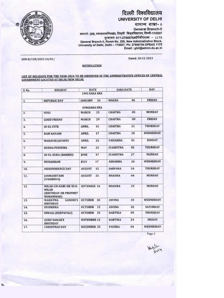 Holiday List 2024 | PDF