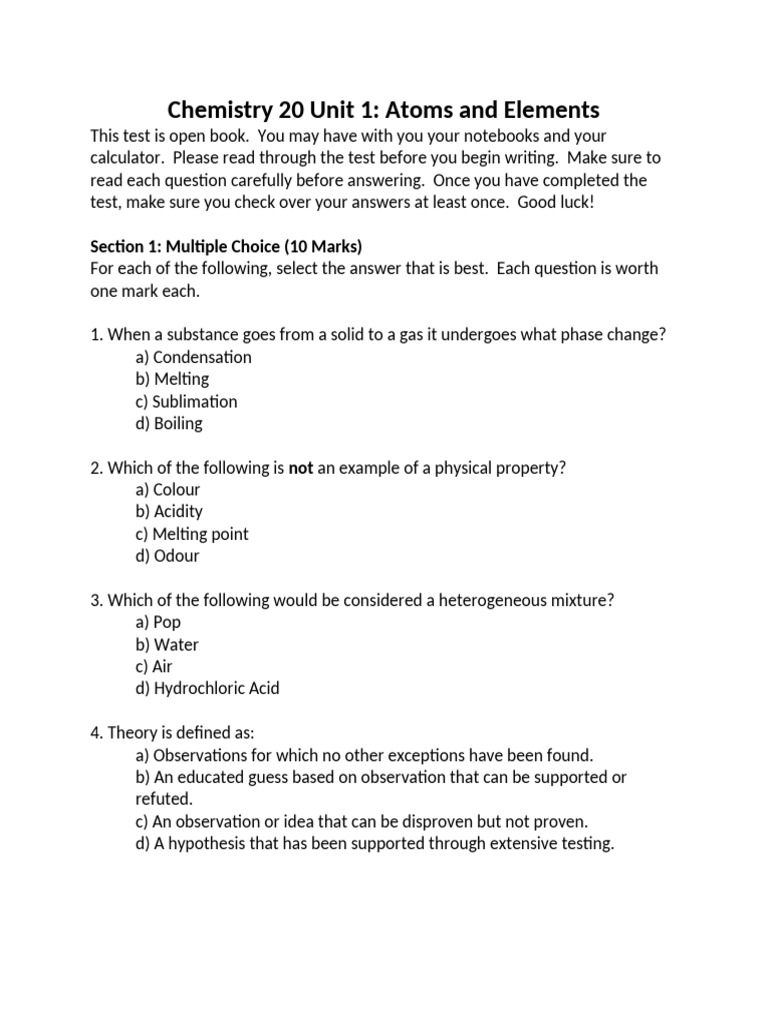 Chem 20 Unit 1 Practice Test | PDF | Chemical Elements | Atoms