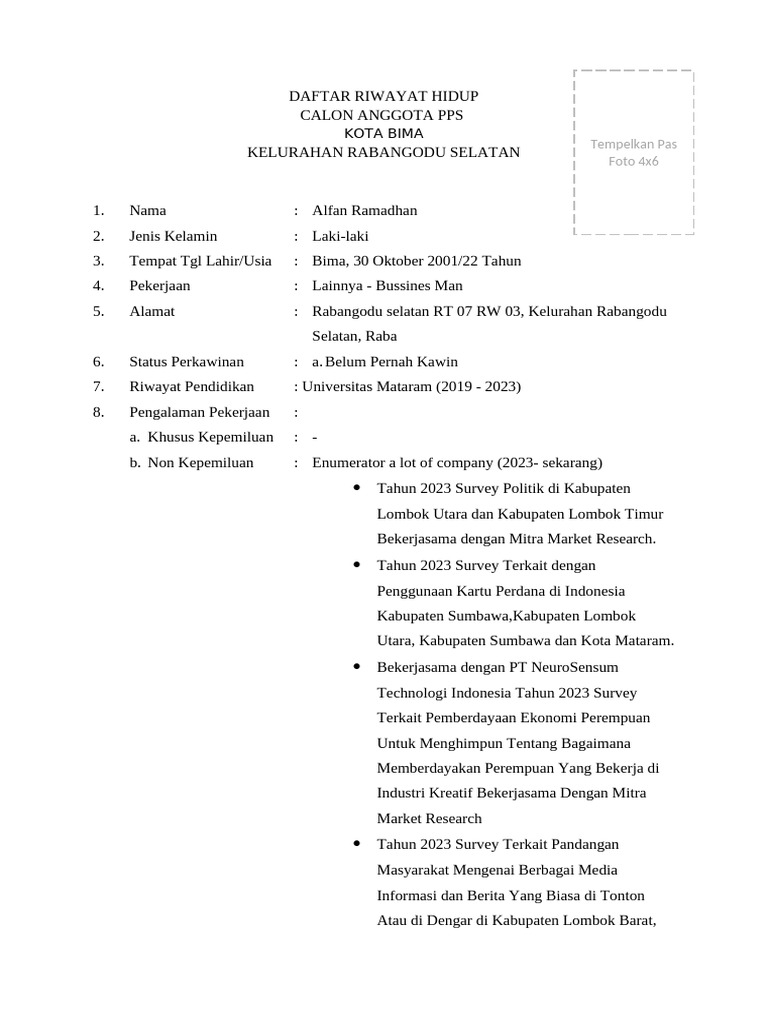 Daftar Riwayat Hidup Pps | PDF