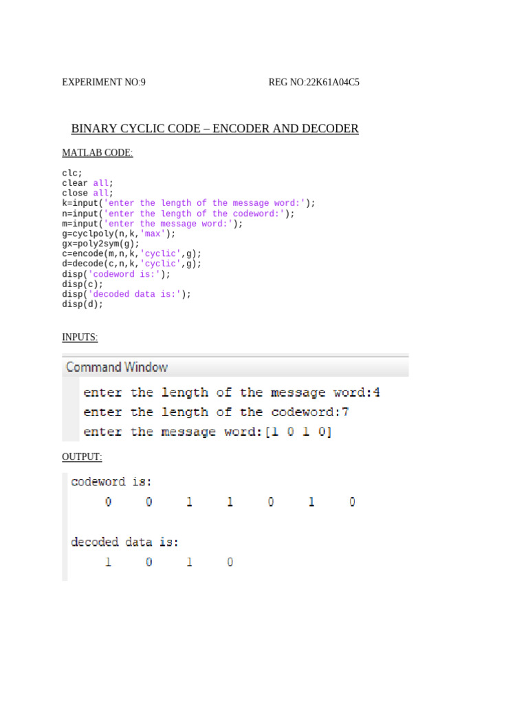 Binary Cyclic Code MATLAB Example | PDF