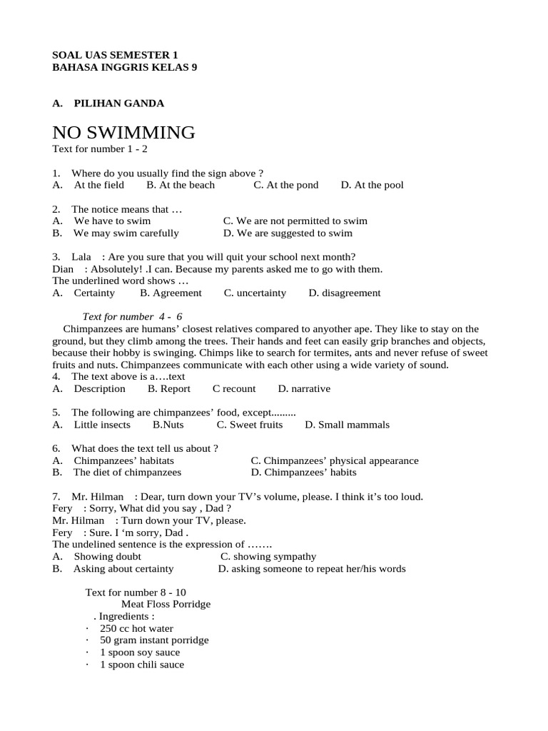 Soal Uas Semester 1 Kelas 9 KTSP Bahasa Inggris | PDF | Chimpanzee | Earthquakes