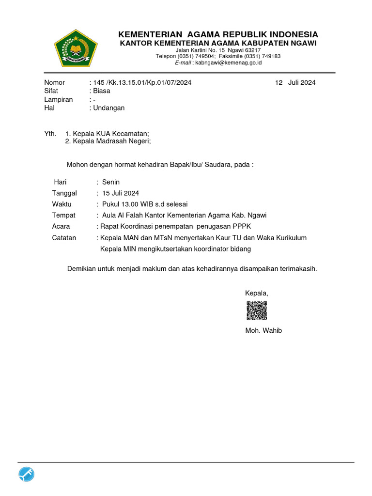Undangan Rapat Koordinasi Penugasan PPPK 2024 | PDF