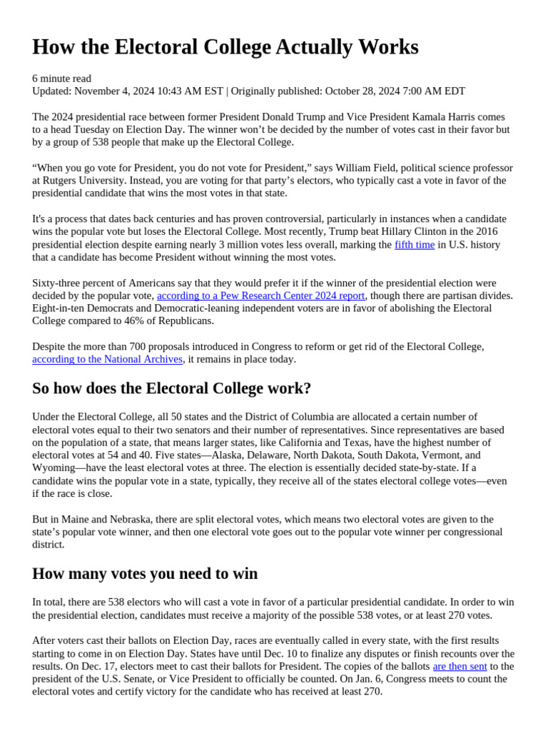 How The Electoral College Actually Works | PDF | Voting | United States ...