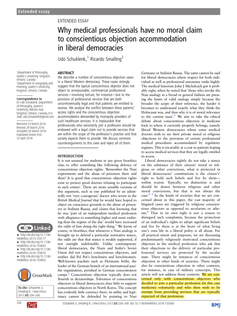 Schuklenk and Smalling: Why Medical Professionals Have No Moral Claim To Conscientious Objection ...