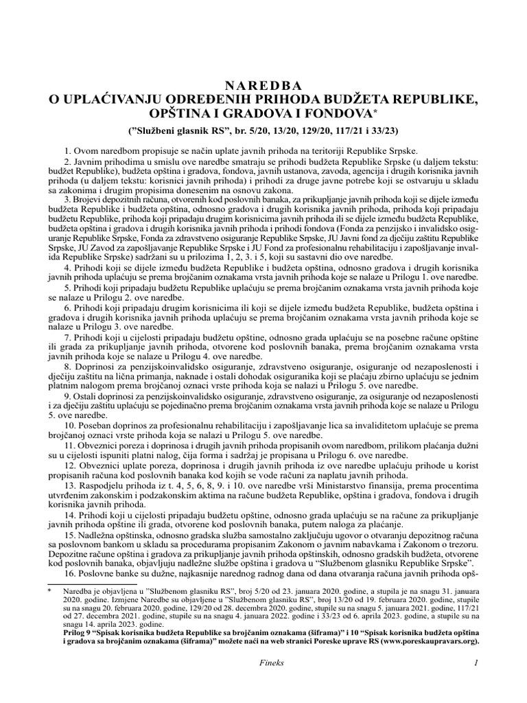 Naredba o Uplatnim Racunima RS | PDF