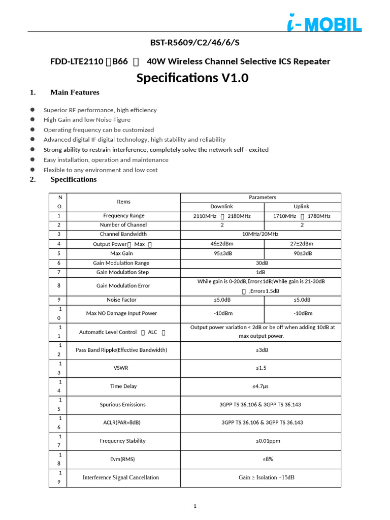 FDD-LTE2100 B66 40W Wireless Channel Selective ICS Repeater Specifications V1.0 | PDF ...