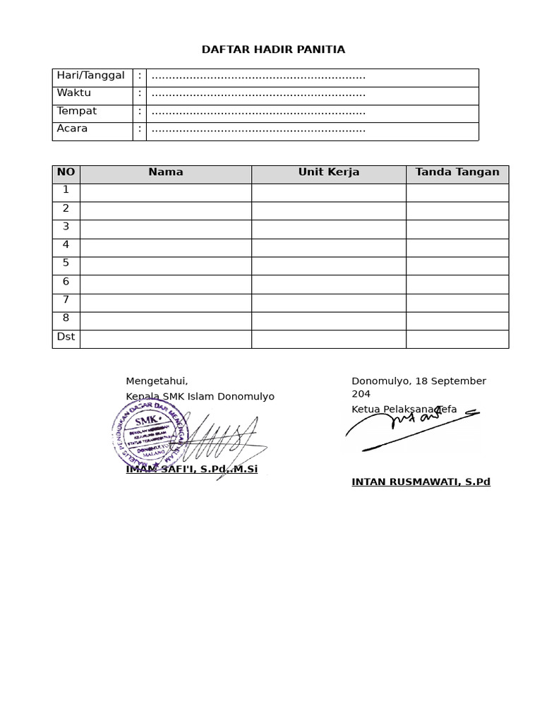 Daftar Hadir Panitia Kegiatan PPDB | PDF