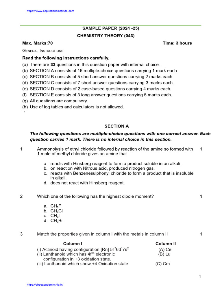 Class 12 Chemistry Sample Question Paper 2024 25 SQP | PDF | Acetic ...