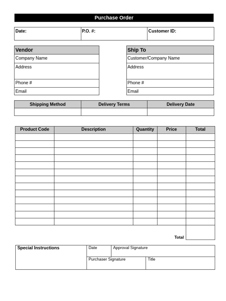 Purchase Order Template Form | PDF