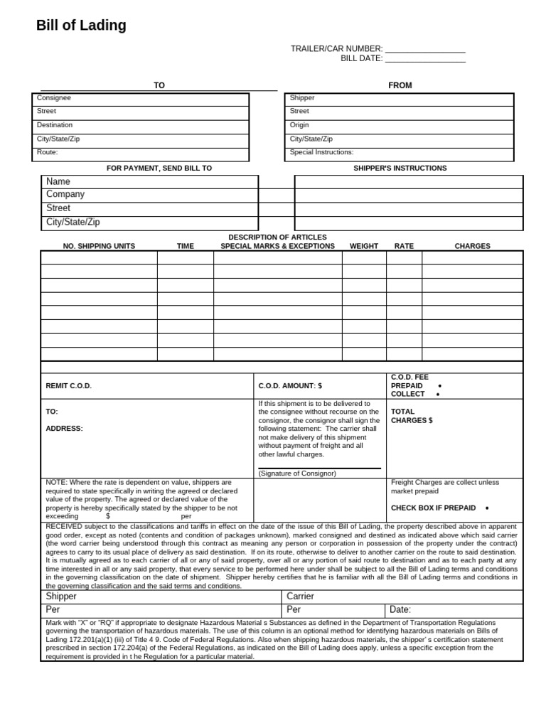 Standard Bill of Lading Template | PDF | Cargo | Bill Of Lading