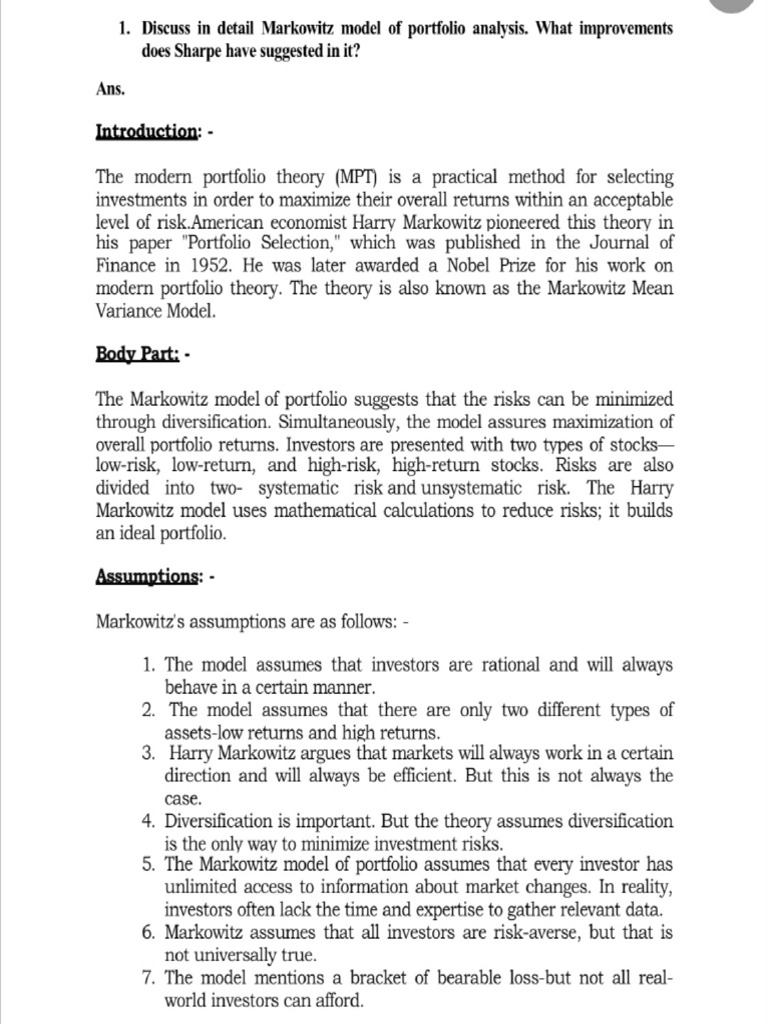 Markowitz Model Theory | PDF