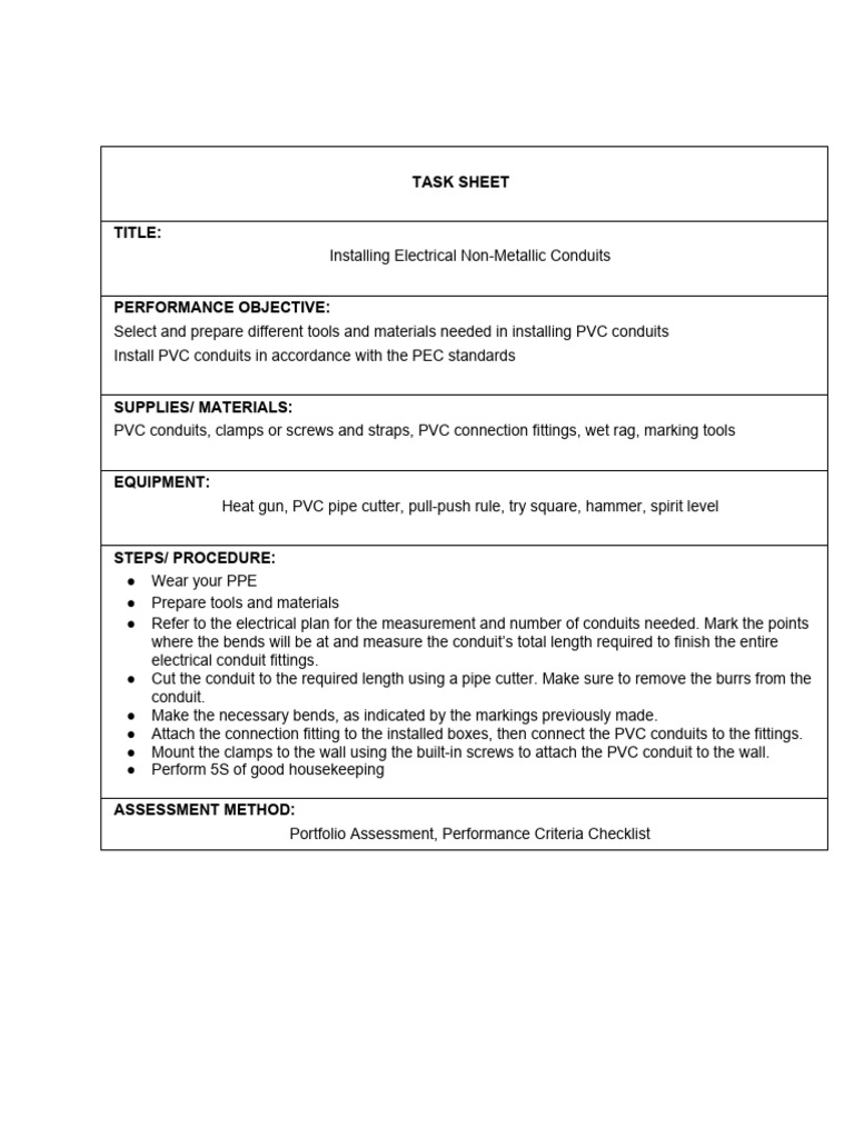 Task Sheet - Installing Electrical Non-Metallic Conduits | PDF ...