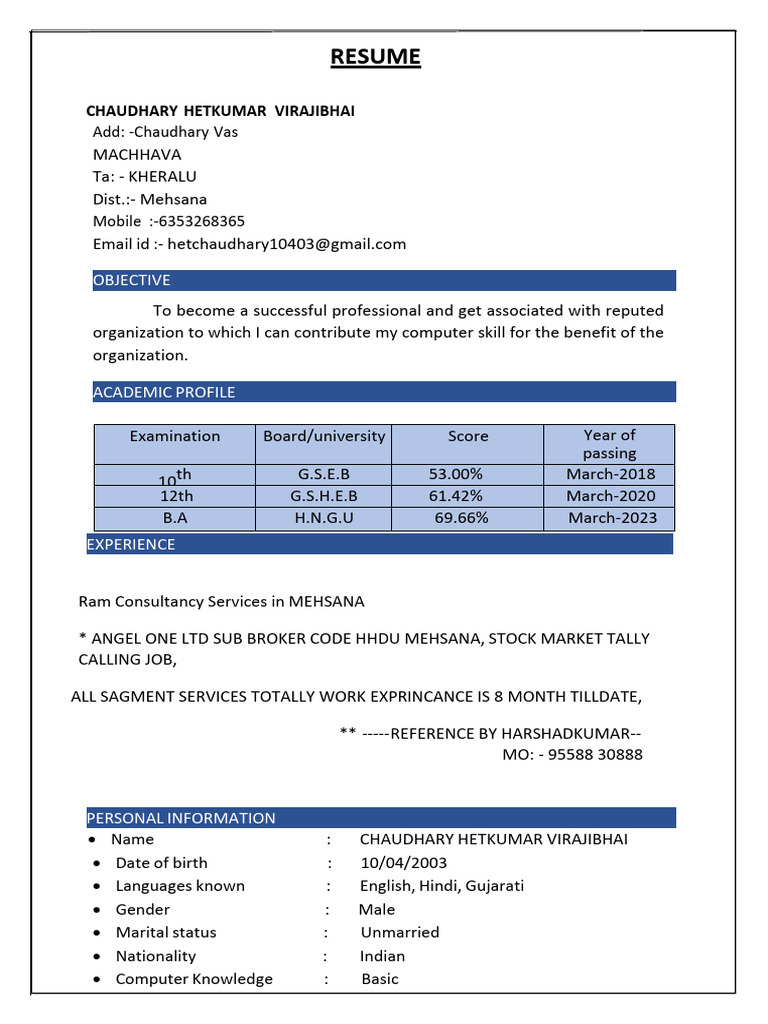 Entry-Level Resume: H.V. Chaudhary | PDF