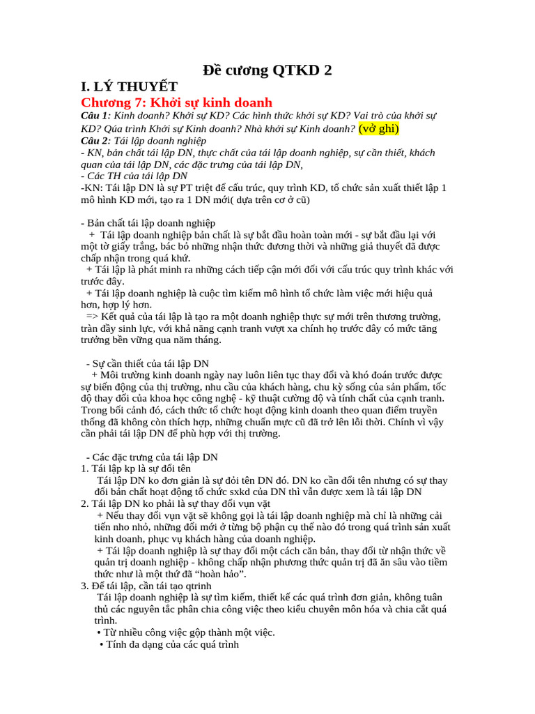 Đề Cương QTKD 2 | PDF