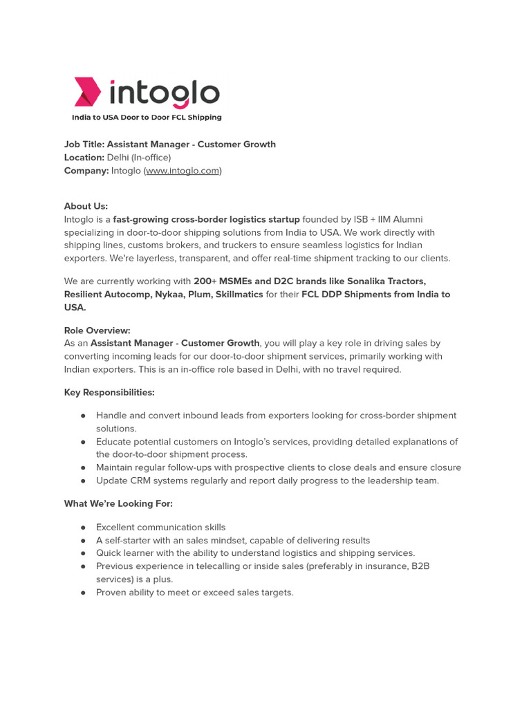 Job Description - Assistant Manager - Customer Growth | PDF