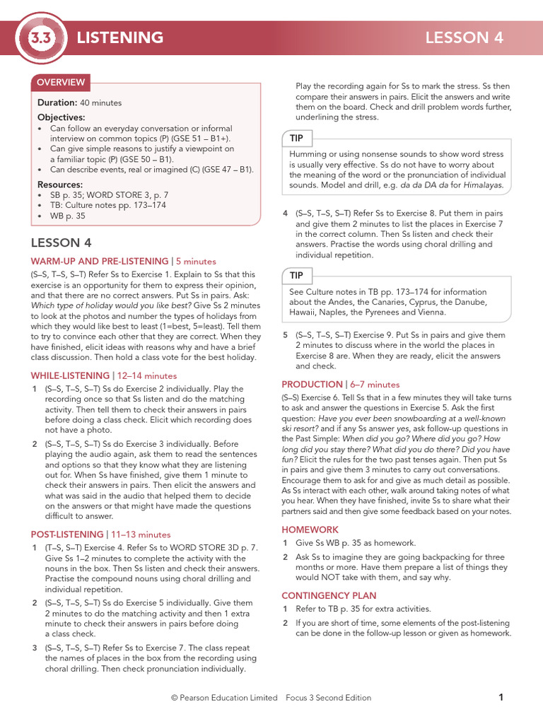 Focus3 2E LessonPlans U03 Lesson4 Listening | PDF | Grammar | Human Communication