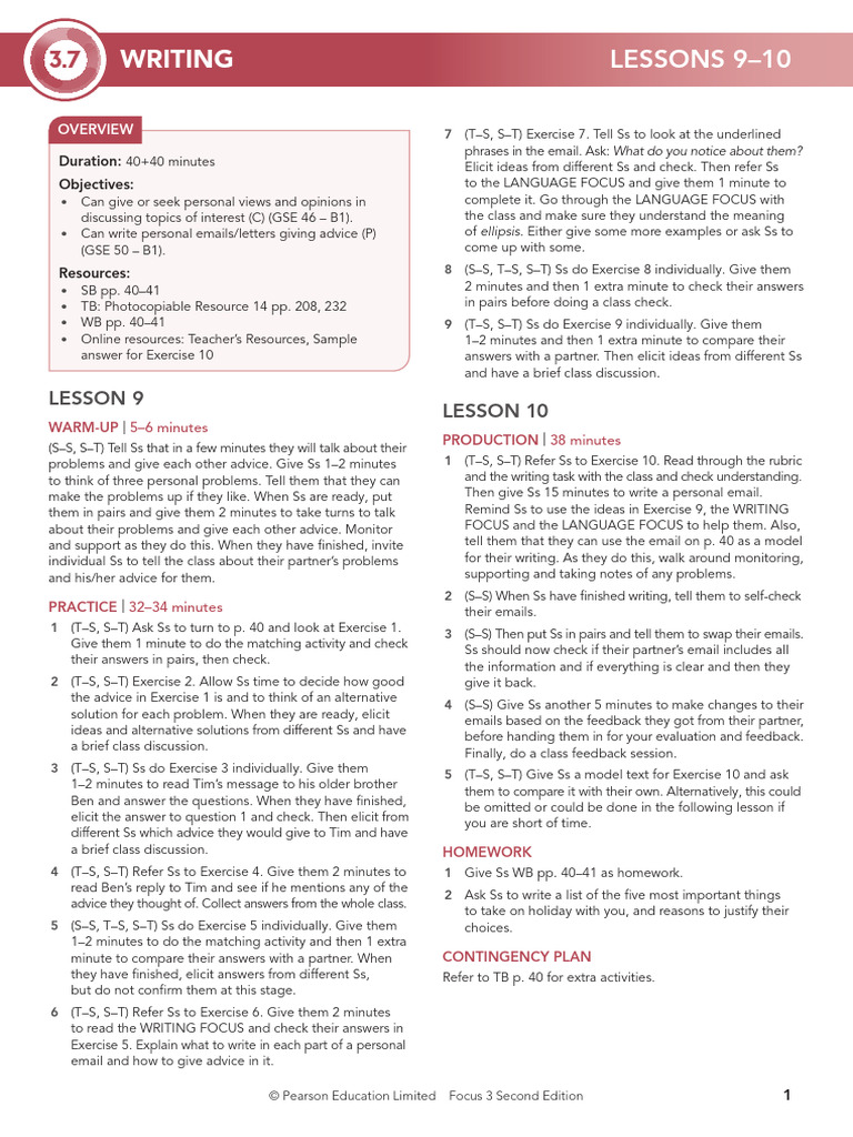 Focus3 2E LessonPlans U03 Lesson9 10 Writing | PDF | Human ...