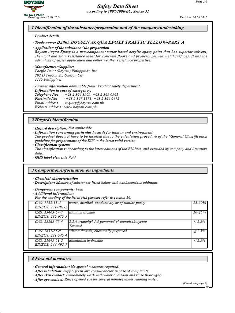 Boysen Acqua Epoxy Traffic Yellow SDS | PDF | Dangerous Goods | Materials