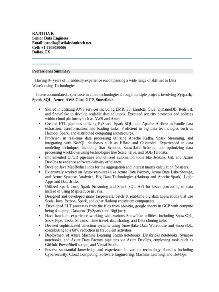 RajithaK Data Engineer Resume | PDF | Apache Spark | Apache Hadoop