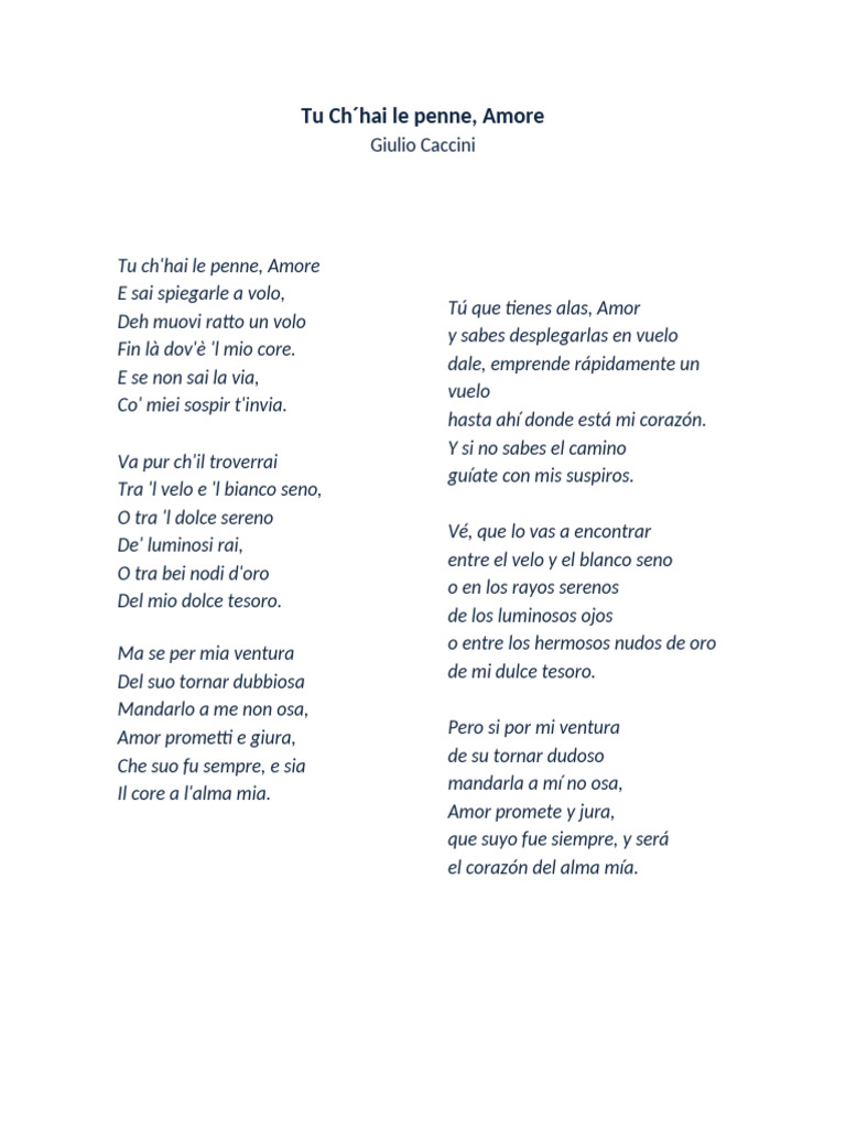 Tu Ch'hai le Penne, Amore: Poema de Caccini | PDF