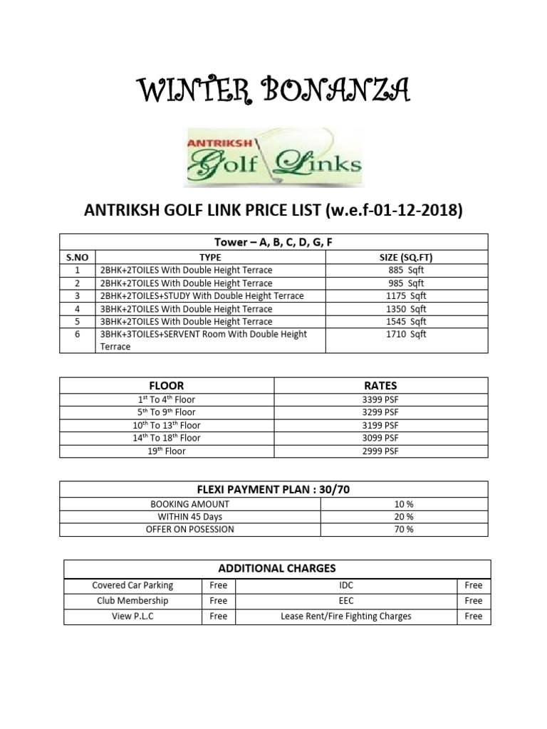 Antriksh Golf Link Updated Price List 1 Dec 2018 | PDF | Payments | Taxes