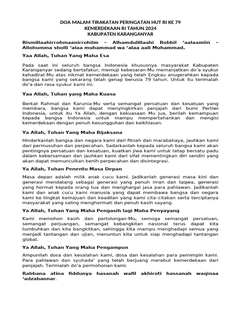 Doa Malam Tirakatan Peringatan Hut Ri Ke 79 | PDF